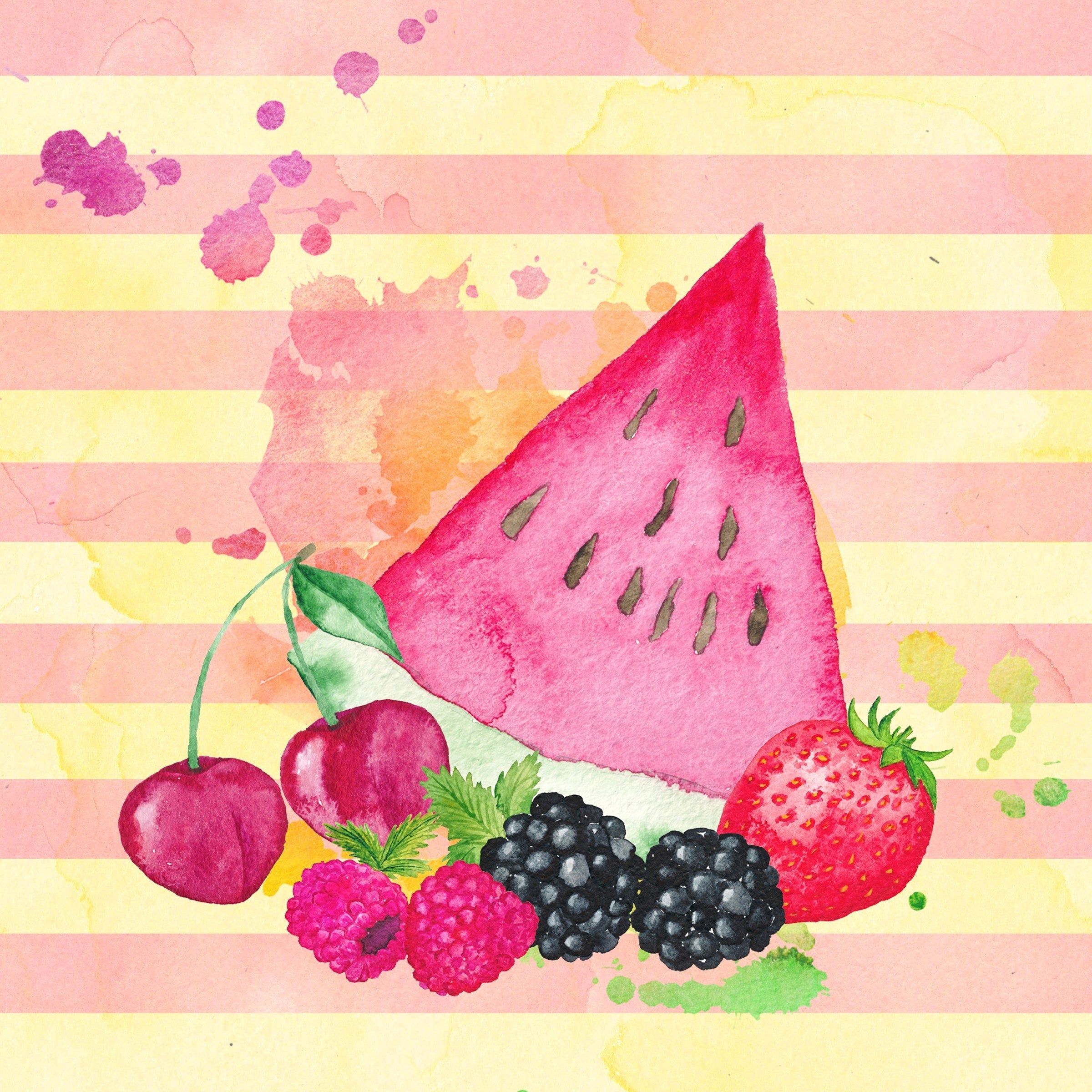 Watercolor Fruits on Pink & Yellow Stripes Fabric