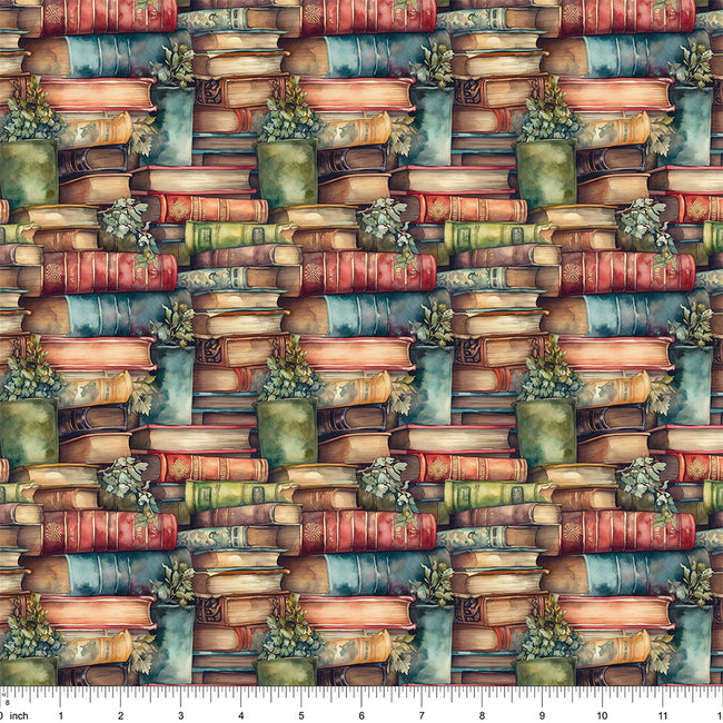 Whimsical Greenery & Stacked Books Fabric