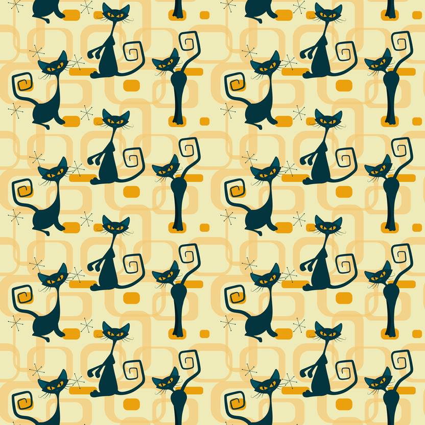 1950s Atomic Cats Pattern #2 Fabric - Tan