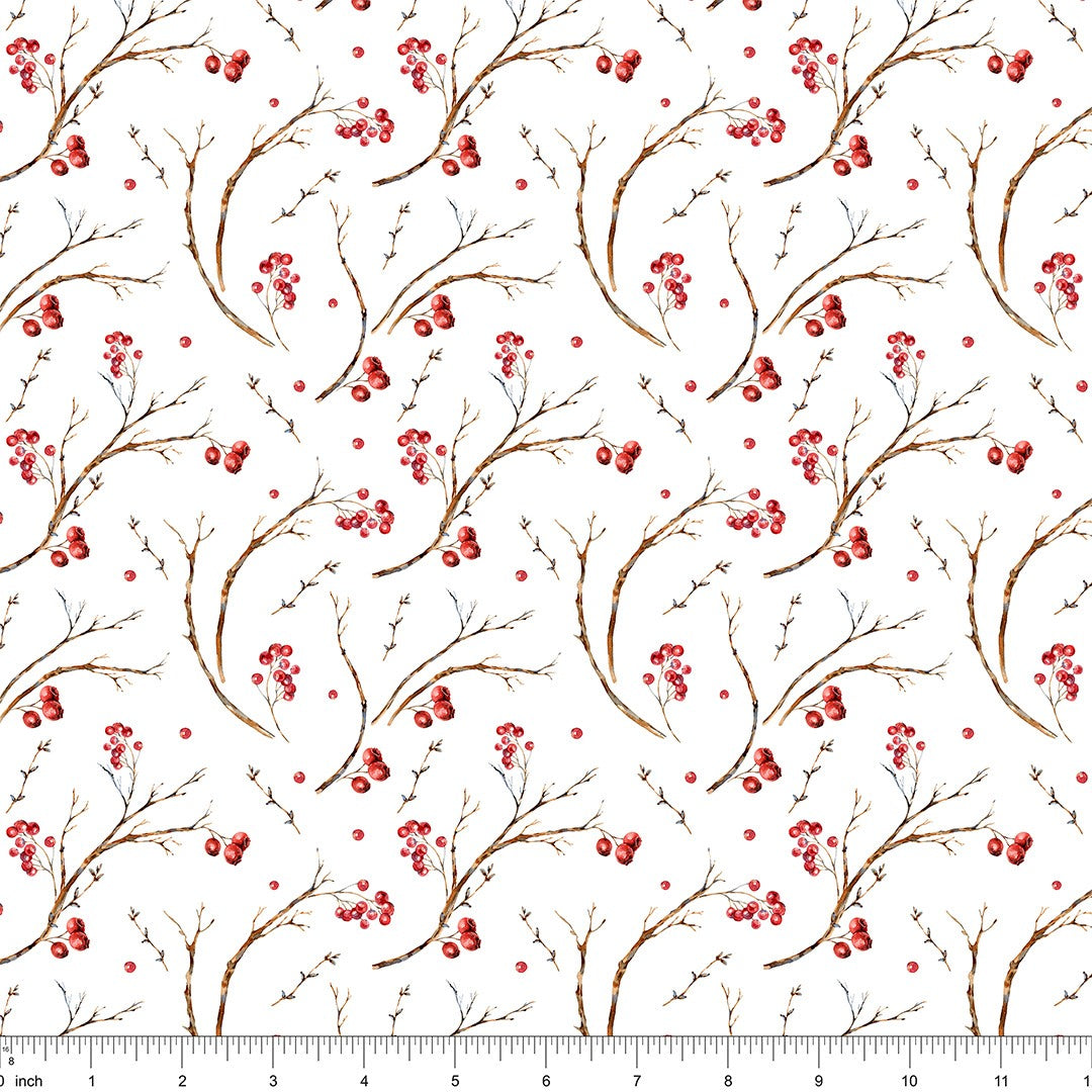 Vintage Tree Branches & Berries Fabric - White