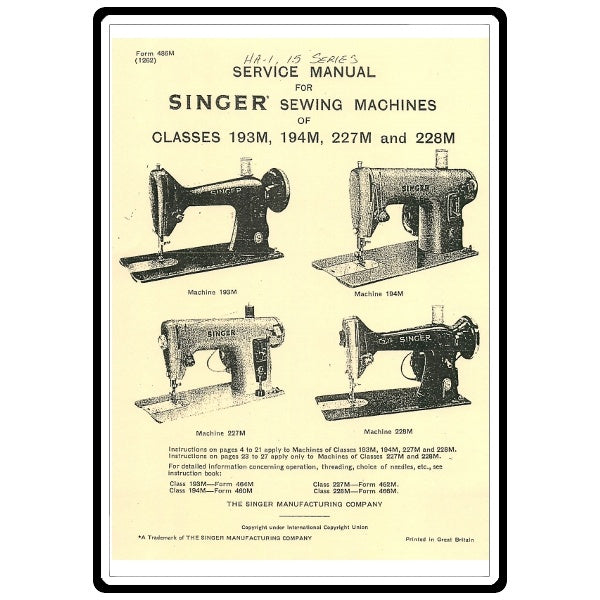 Service Manual, Singer 227M