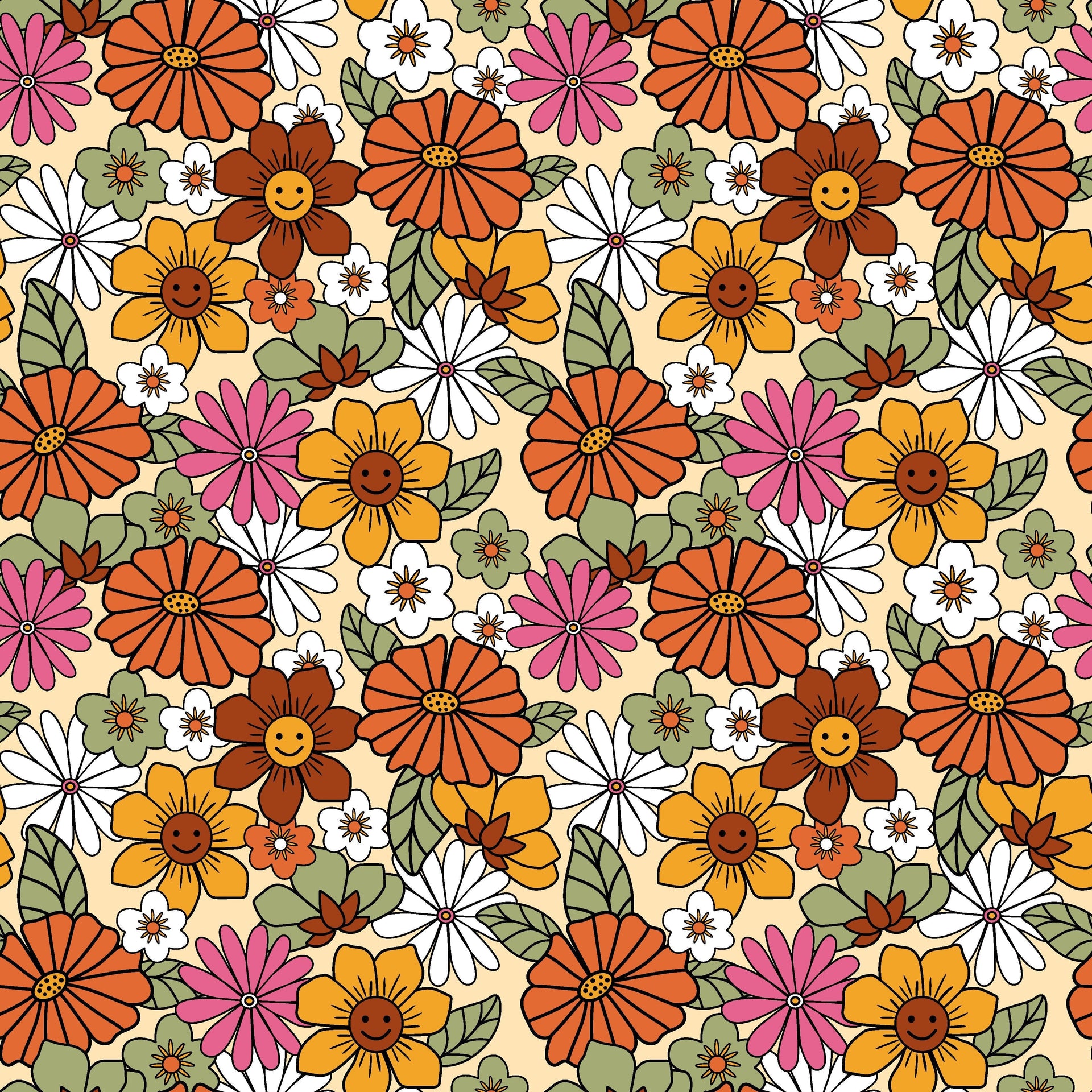 70s Retro Floral Packed Fabric