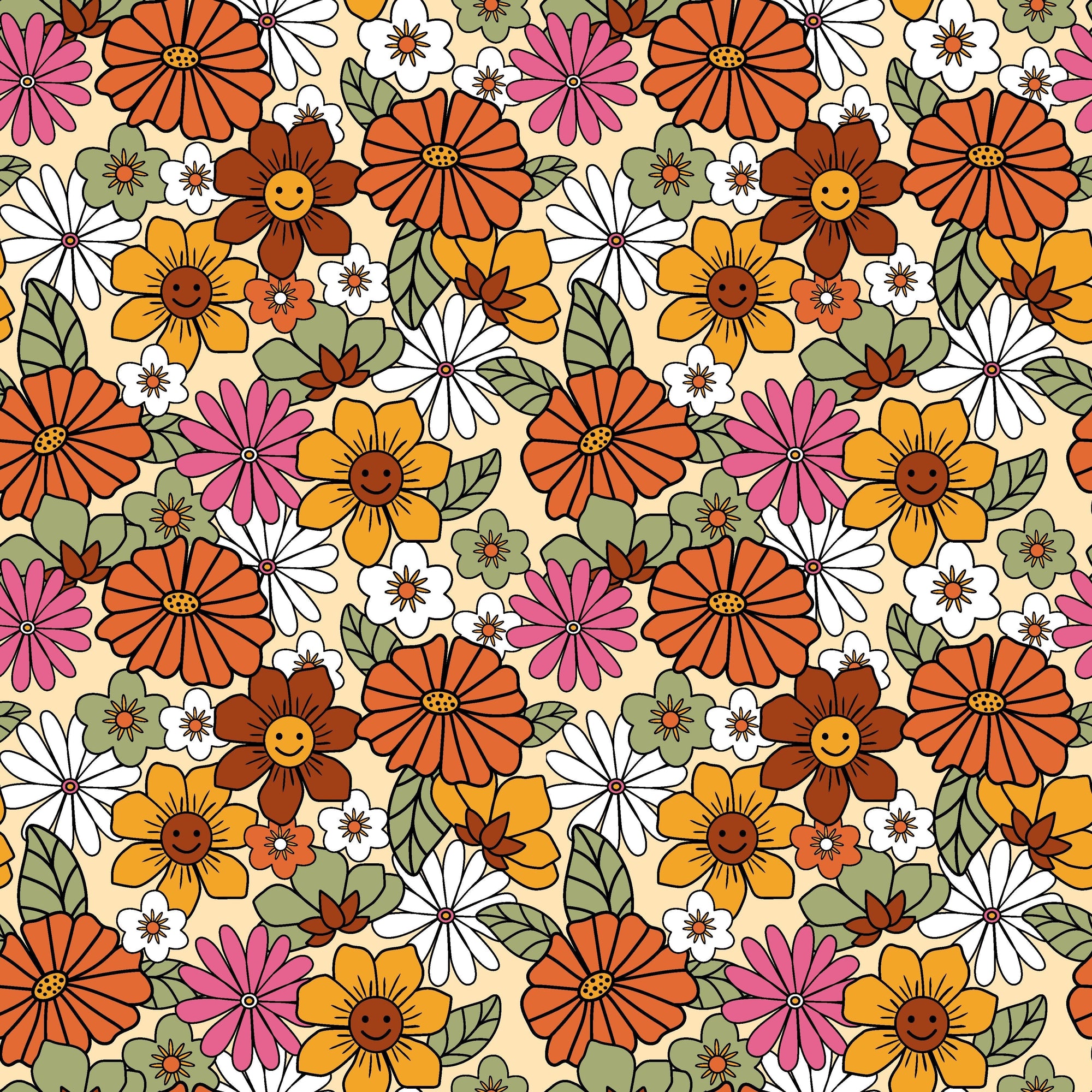 70s Retro Floral Packed Fabric