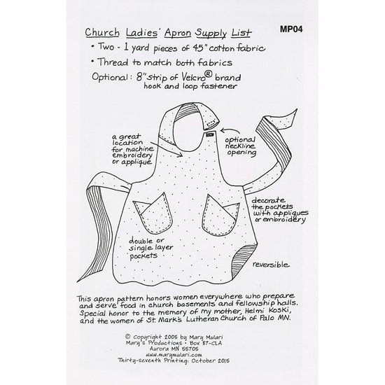 Church Ladies Apron Pattern, Mary Mulari Designs