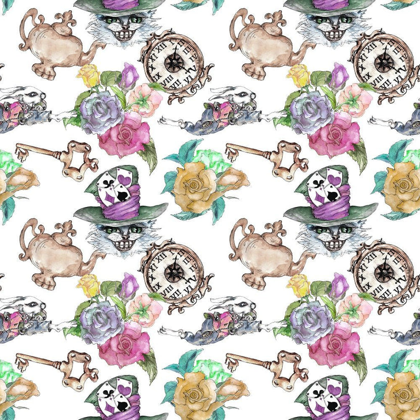 Alice in Wonderland Elements Allover Fabric - White