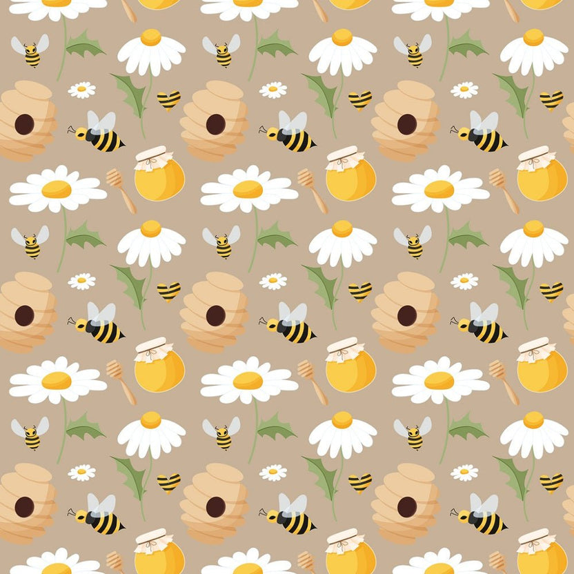 Bees, Hives and Daisies Fabric - Tan
