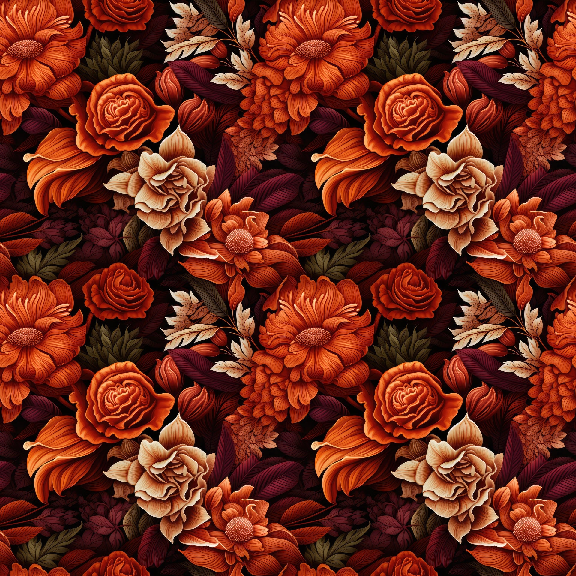Burnt Orange & Maroon Floral Fabric