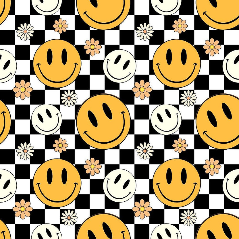 Checkered Smiley Faces Fabric - 70s
