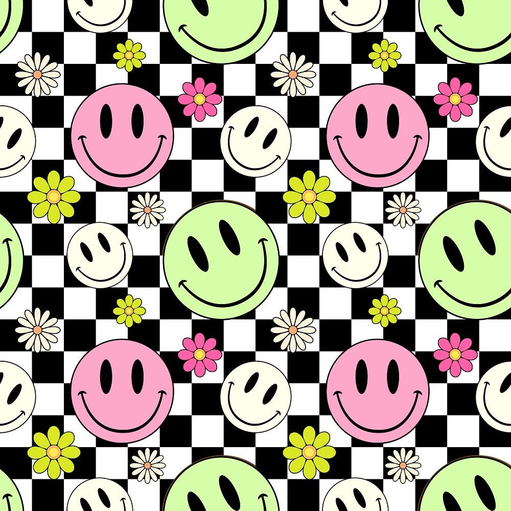 Checkered Smiley Faces Fabric - Pastel