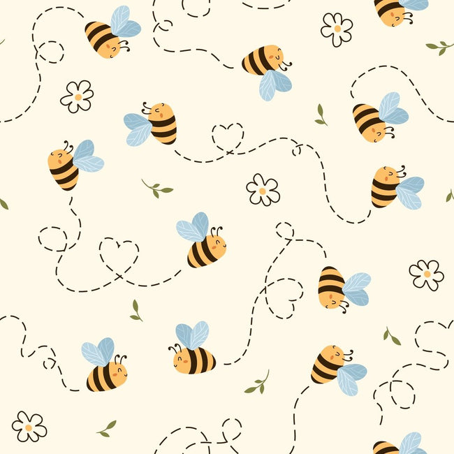 Cute Bees Flying Fabric - Tan