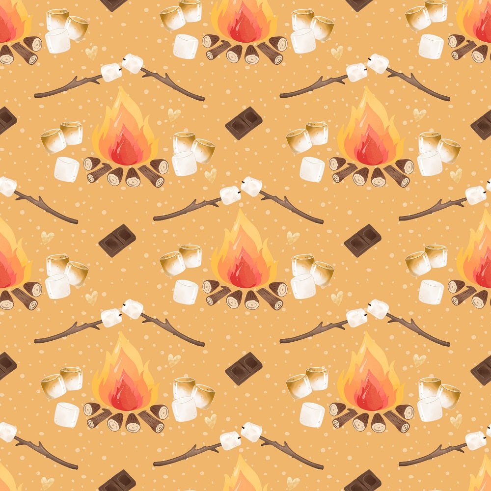 Cute Smores Campfire on Dots Fabric - Orange