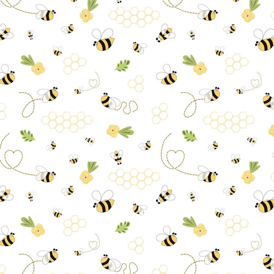Hand Drawn Cartoon Bee Floral Fabric - White