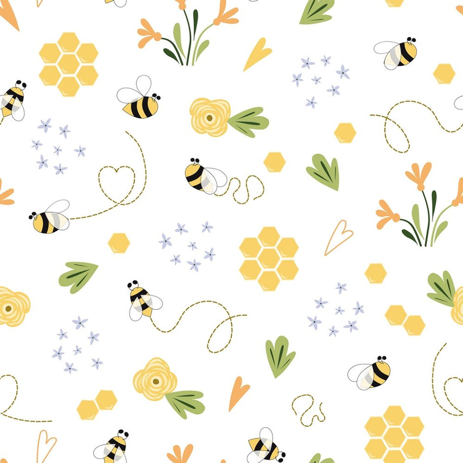 Hand Drawn Cartoon Bees & Flowers Fabric - White