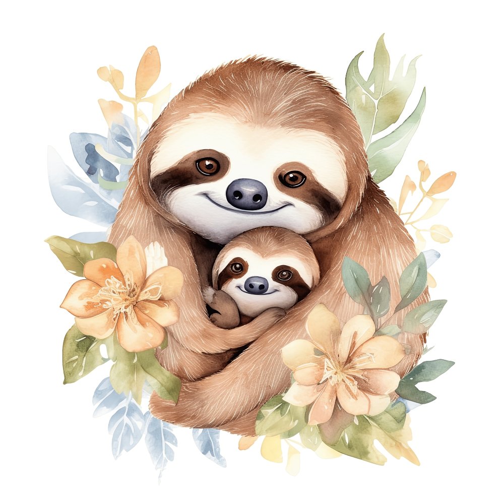 Hand Drawn Sloths Mom & Baby #2 Fabric Panel