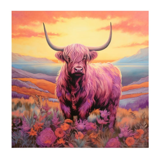 Highland Cow & Sunset Portrait #4 Fabric Panel