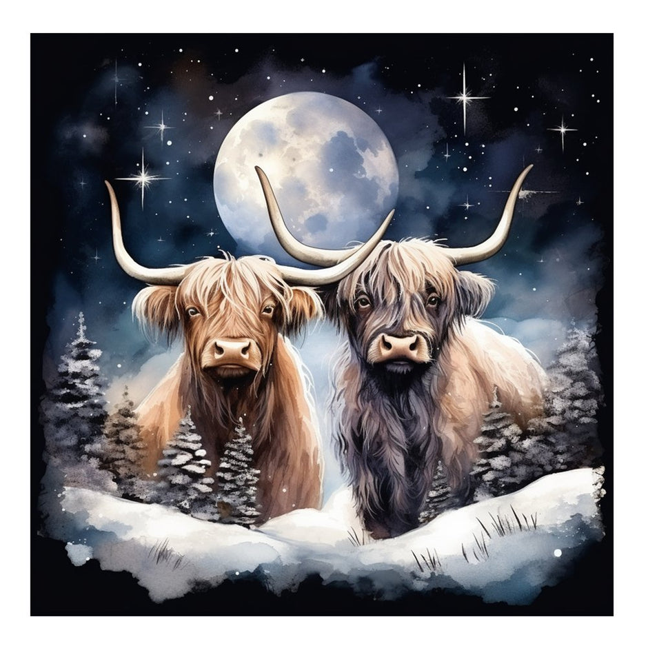 Highland Cows In The Moonlight #4 Fabric Panel