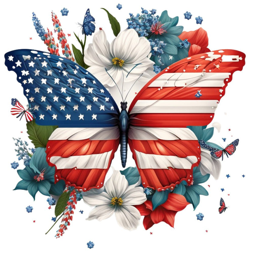 Patriotic Floral Butterfly #5 Fabric Panel