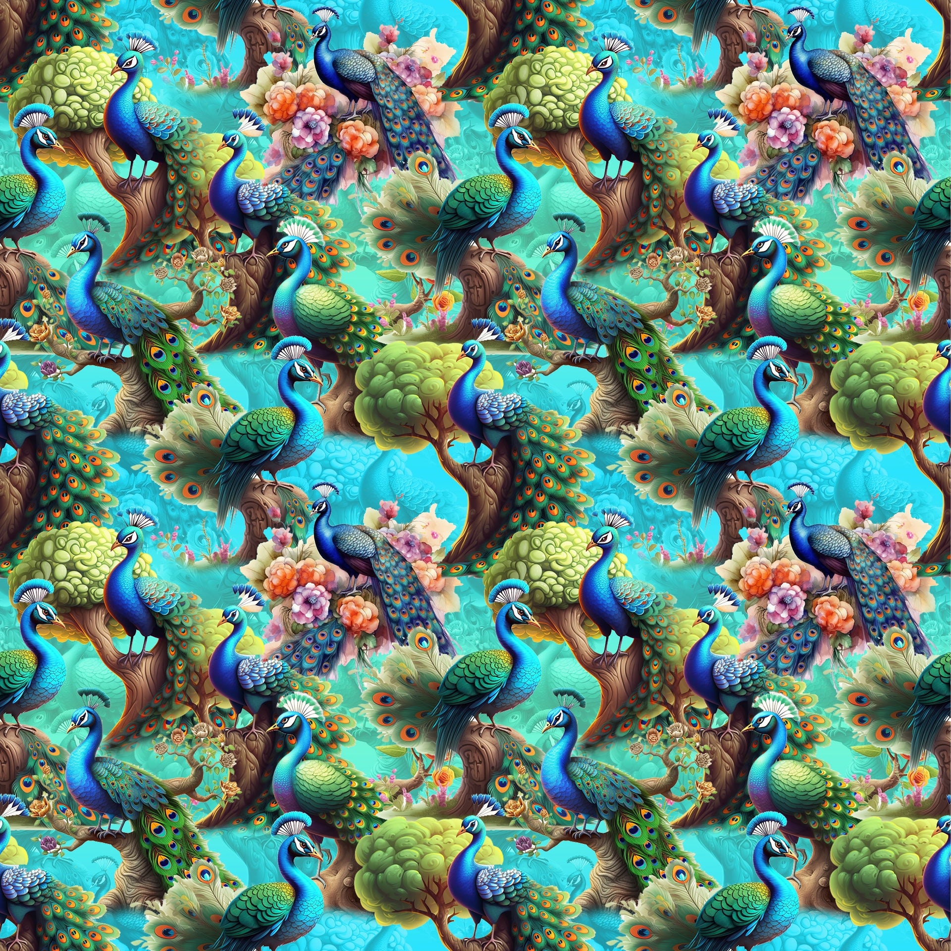 Peacocks in The Forest Fabric