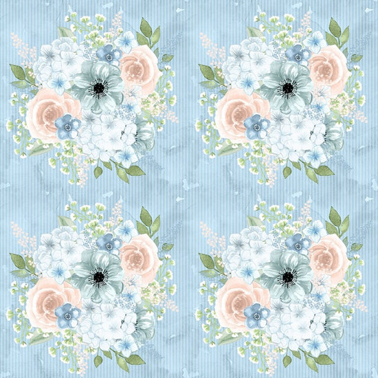 Powder Blue Floral Bouquets on Stripes Fabric