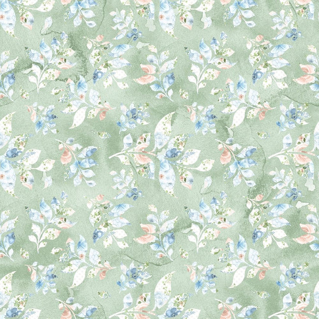 Powder Blue Green Leaves Fabric