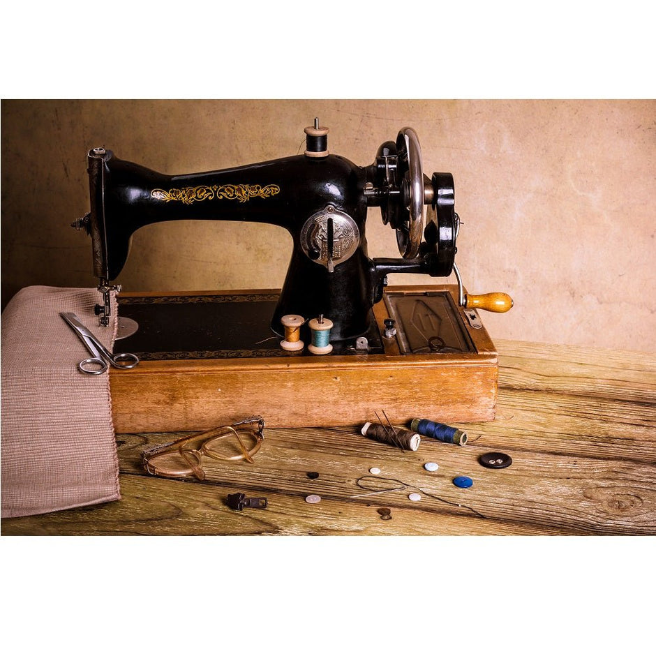 Realistic Antique Sewing Machine Scene Fabric Panel