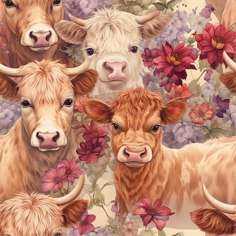 Springtime Highland Cows Pattern #1 Fabric