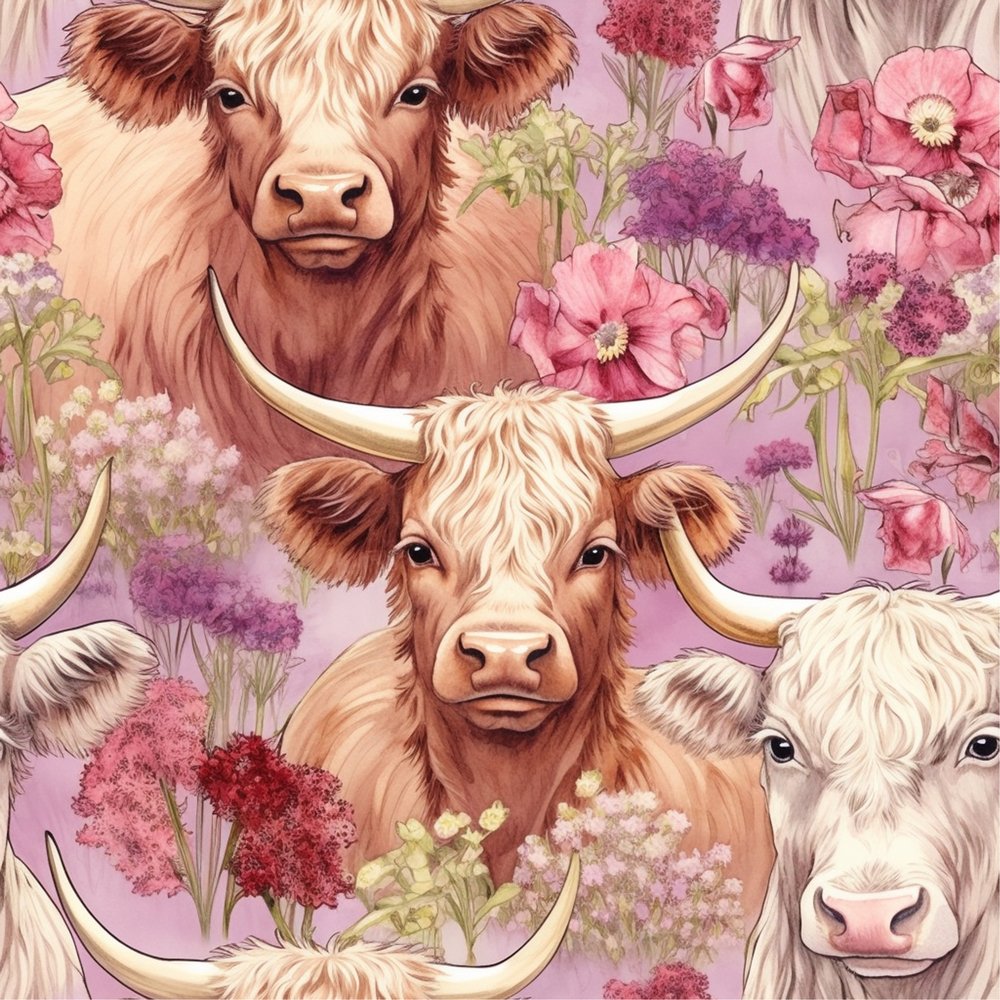 Springtime Highland Cows Pattern #3 Fabric