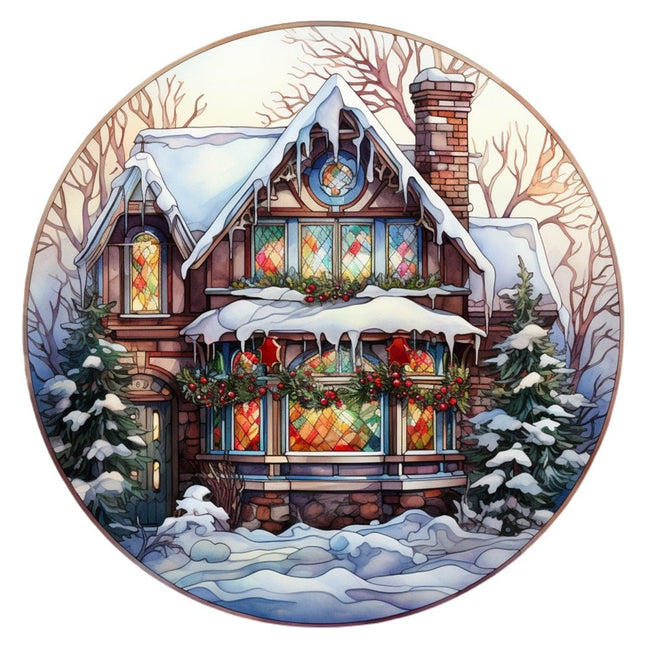 Stained Glass Christmas Cottage #1 Fabric Panel