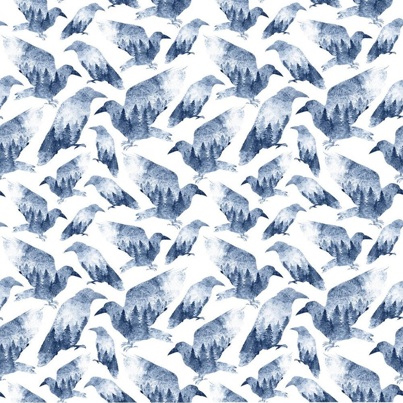 Watercolor Monochrome Ravens Fabric - White
