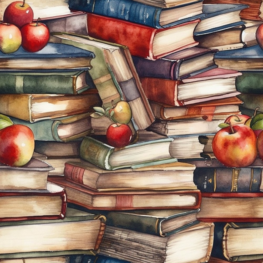 Whimsical Stacked Books & Apples Fabric